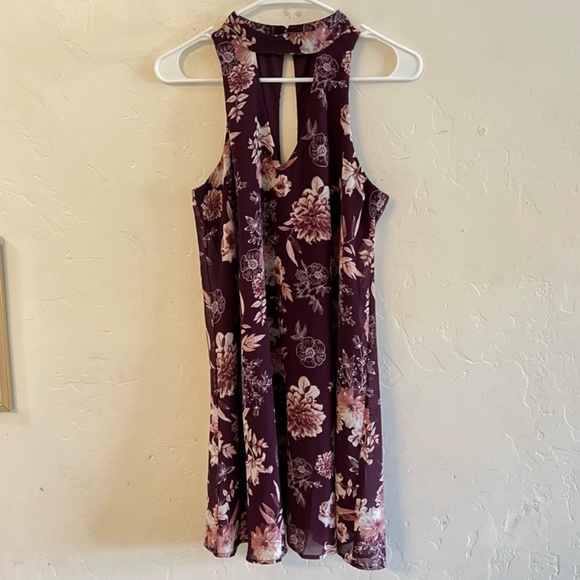 miami | Dresses | Miami Maroon Floral Print Halter Neck Swing Mini ...